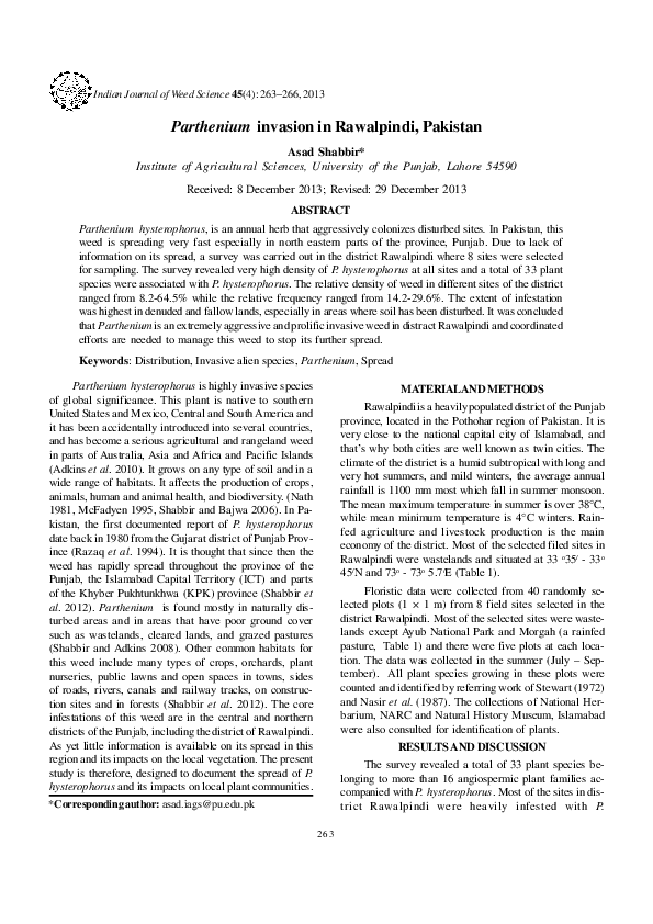 (PDF) Parthenium invasion in Rawalpindi, Pakistan