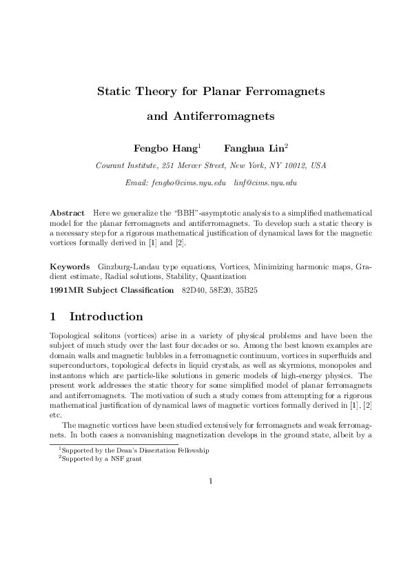 (PDF) Static Theory for Planar Ferromagnets and Antiferromagnets