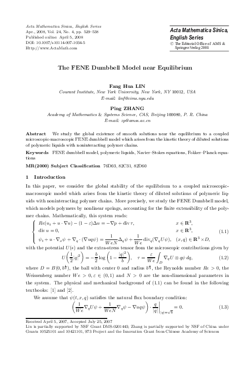 (PDF) The FENE dumbbell model near equilibrium
