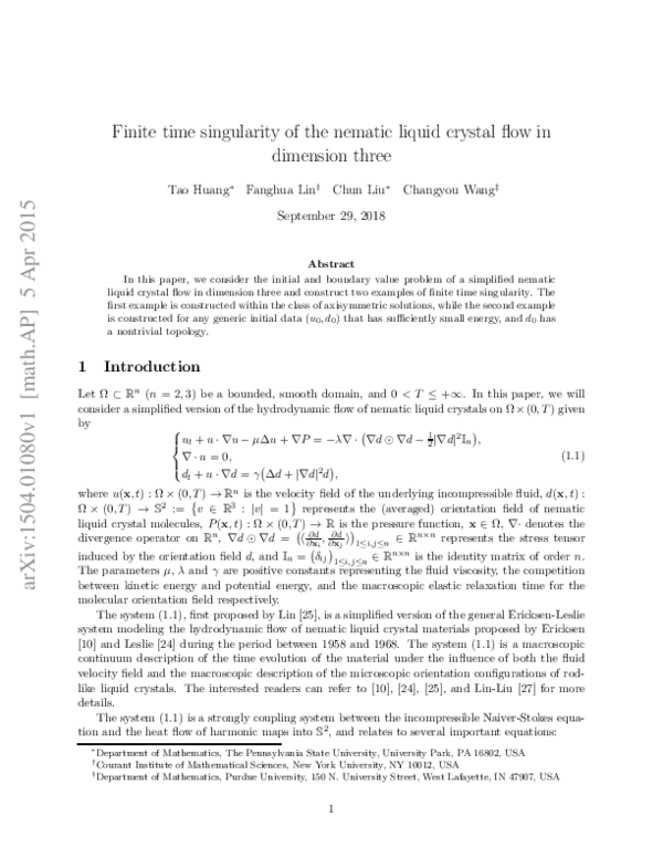(PDF) Finite Time Singularity of the Nematic Liquid Crystal Flow in ...