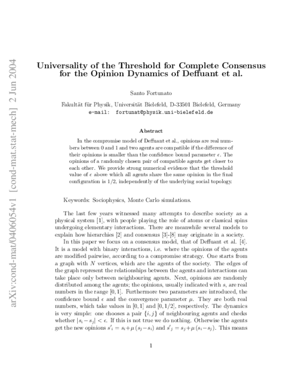 (PDF) UNIVERSALITY OF THE THRESHOLD FOR COMPLETE CONSENSUS FOR THE ...