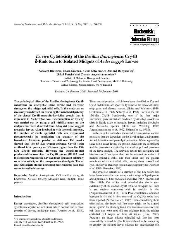 (PDF) Ex vivo cytotoxicity of the Bacillus thuringiensis Cry4B delta ...