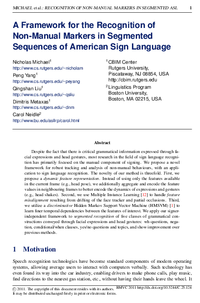 Pdf A Framework For The Recognition Of Nonmanual Markers In Segmented Sequences Of American 1063