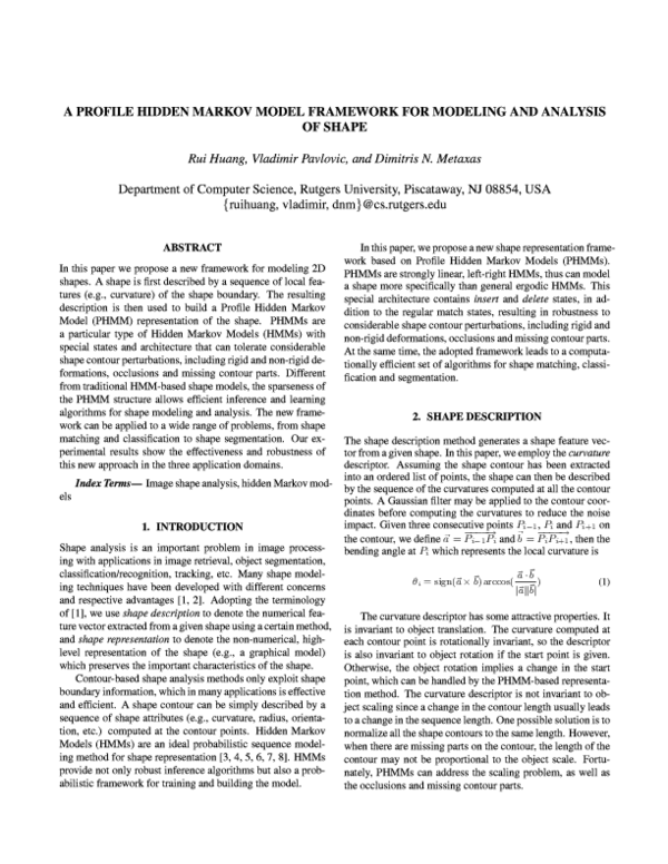 Pdf A Profile Hidden Markov Model Framework For Modeling And Analysis Of Shape Dimitris