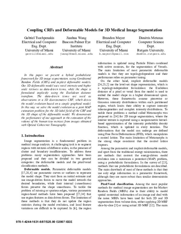 (PDF) Coupling CRFs and Deformable Models for 3D Medical Image Segmentation