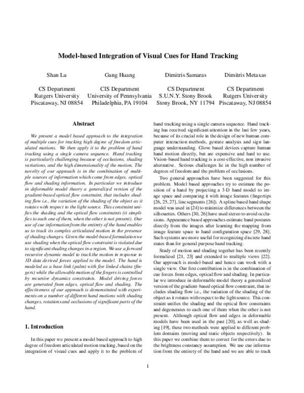 (PDF) Model-based integration of visual cues for hand tracking