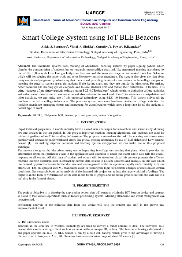 (PDF) Smart College System using IoT BLE Beacons