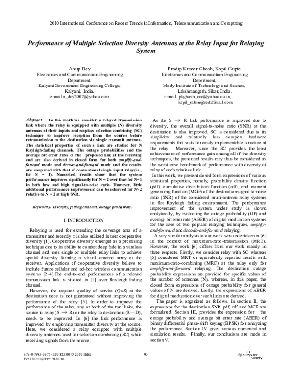 Pdf Performance Of Multiple Selection Diversity Antennas At The Relay Input For Relaying