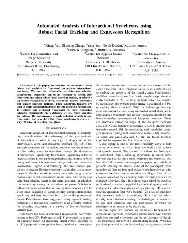 Pdf Automated Analysis Of Interactional Synchrony Using Robust Facial Tracking And Expression