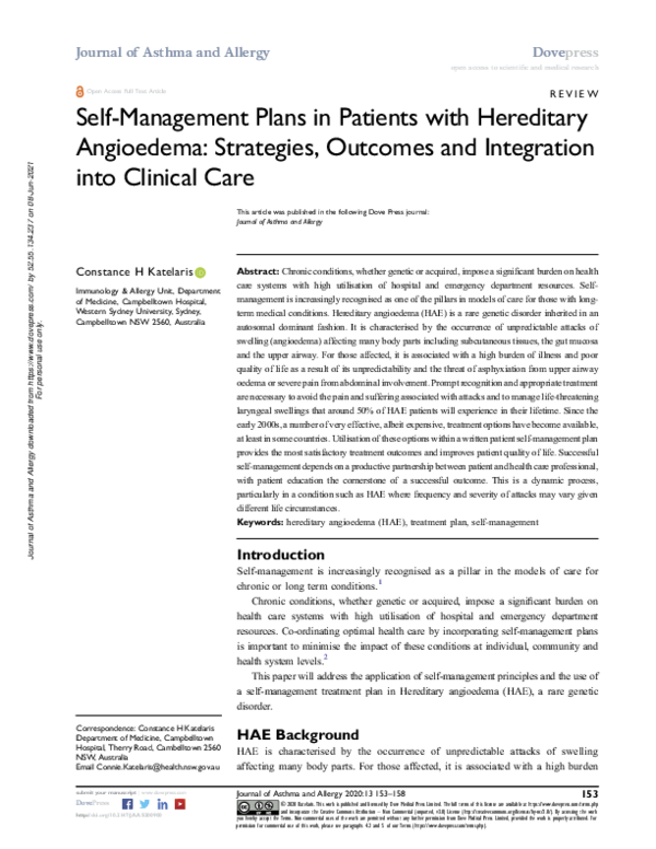 (PDF) Self-Management Plans in Patients with Hereditary Angioedema ...