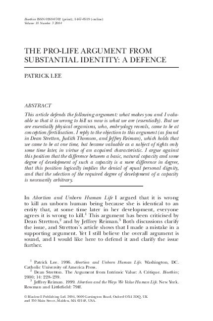 (PDF) The Pro-Life Argument from Substantial Identity: A Defence