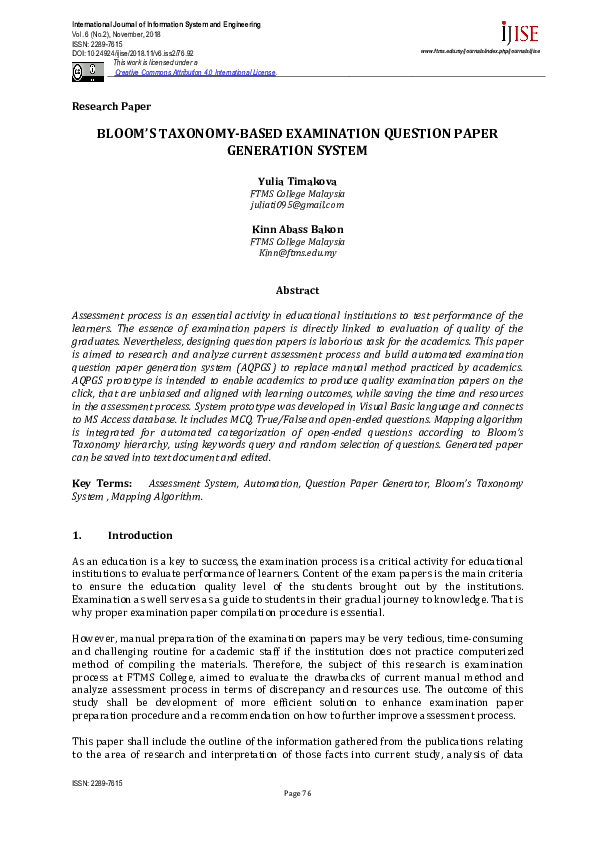 (PDF) Bloom’s Taxonomy-Based Examination Question Paper Generation System
