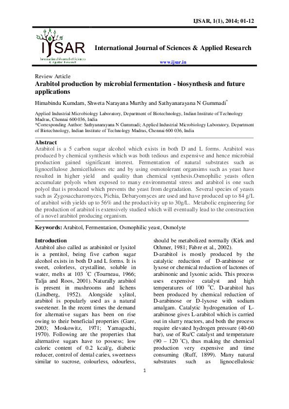 (PDF) Arabitol production by microbial fermentation - biosynthesis and ...