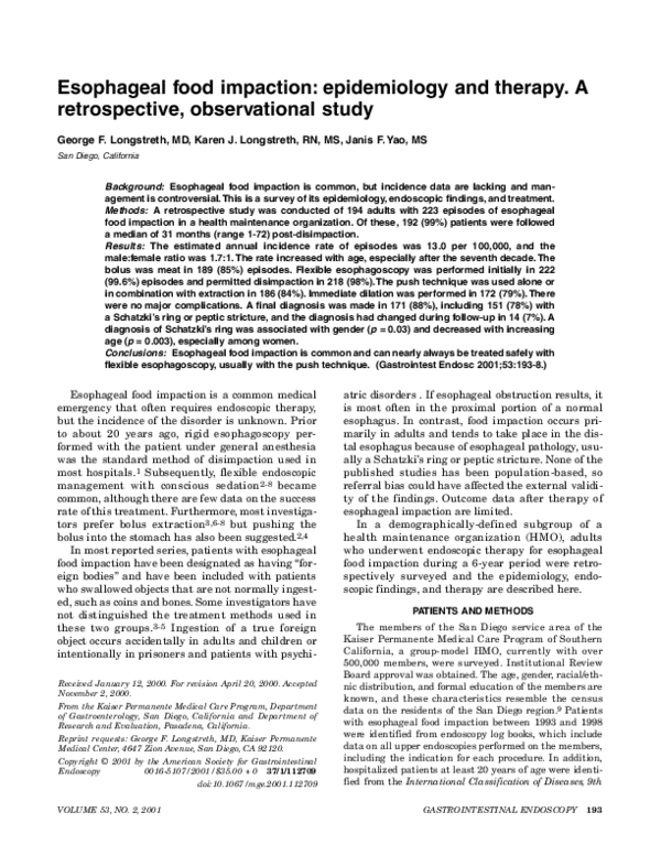 (PDF) Esophageal food impaction: Epidemiology and therapy. A ...