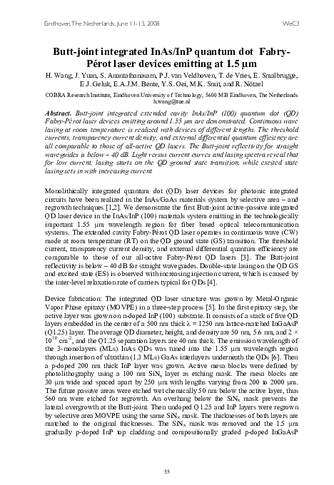 (PDF) Buttjoint integrated InAs/InP quantum dot Fabry-Perot laser devices emitting at 1.5 μm