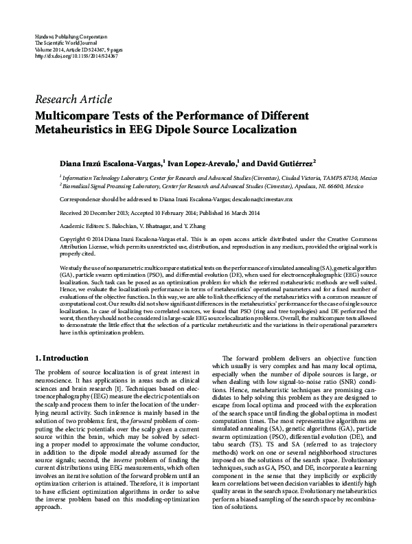 Pdf Multicompare Tests Of The Performance Of Different Metaheuristics In Eeg Dipole Source