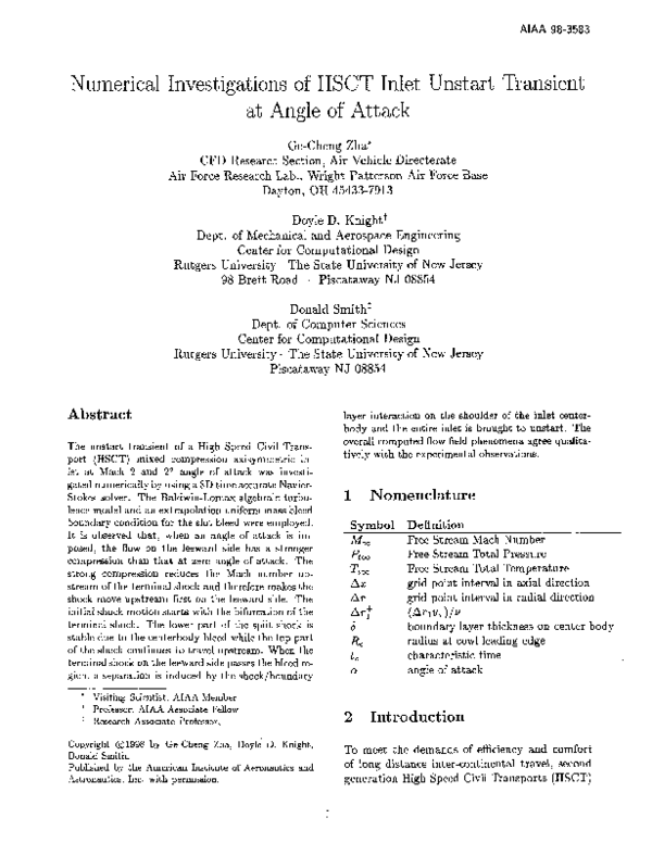 (PDF) Numerical investigations of HSCT inlet unstart transient at angle ...