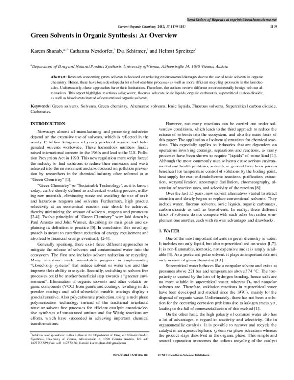 (PDF) Green Solvents in Organic Synthesis: An Overview