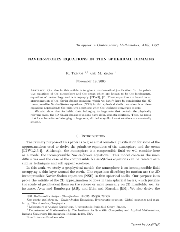 (PDF) Navier-Stokes equations in thin spherical domains
