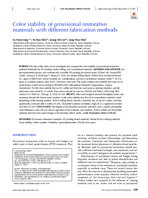 (PDF) Color stability of provisional restorative materials with different fabrication methods