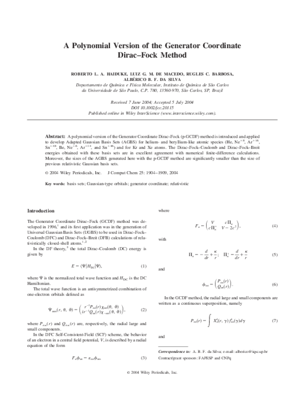 (PDF) A polynomial version of the generator coordinate Dirac–Fock method