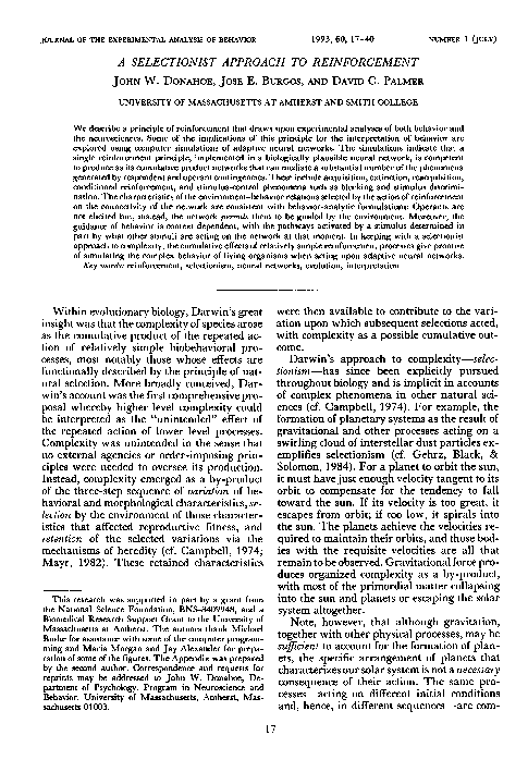 (PDF) A Selectionist Approach to Reinforcement