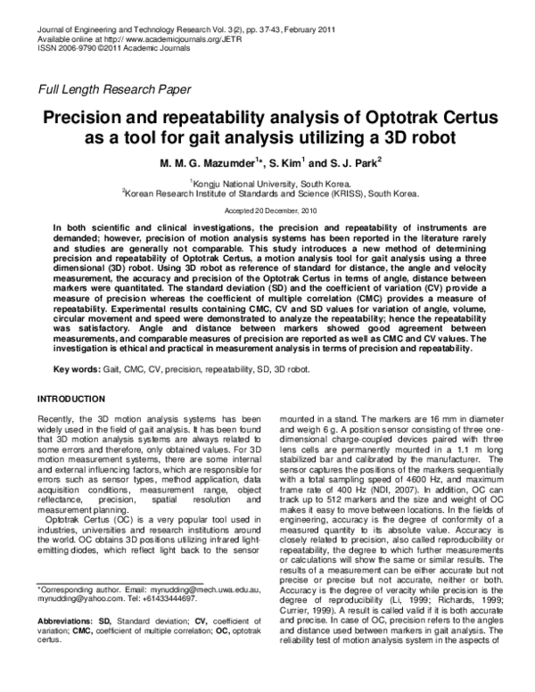 (PDF) Precision and repeatability analysis of Optotrak Certus as a tool ...