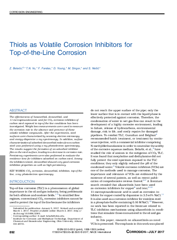 (PDF) Thiols as Volatile Corrosion Inhibitors for Top of the Line Corrosion