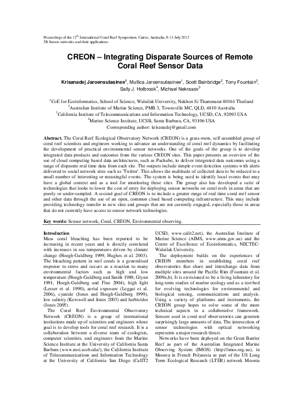 (PDF) CREON–Integrating Disparate Sources of Remote Coral Reef Sensor Data (PDF) CREON–Integrating Disparate Sources of Remote Coral Reef Sensor Data
