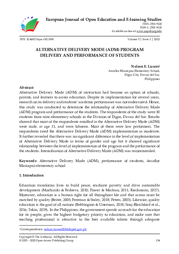 (PDF) Alternative Delivery Mode (Adm) Program Delivery and Performance ...