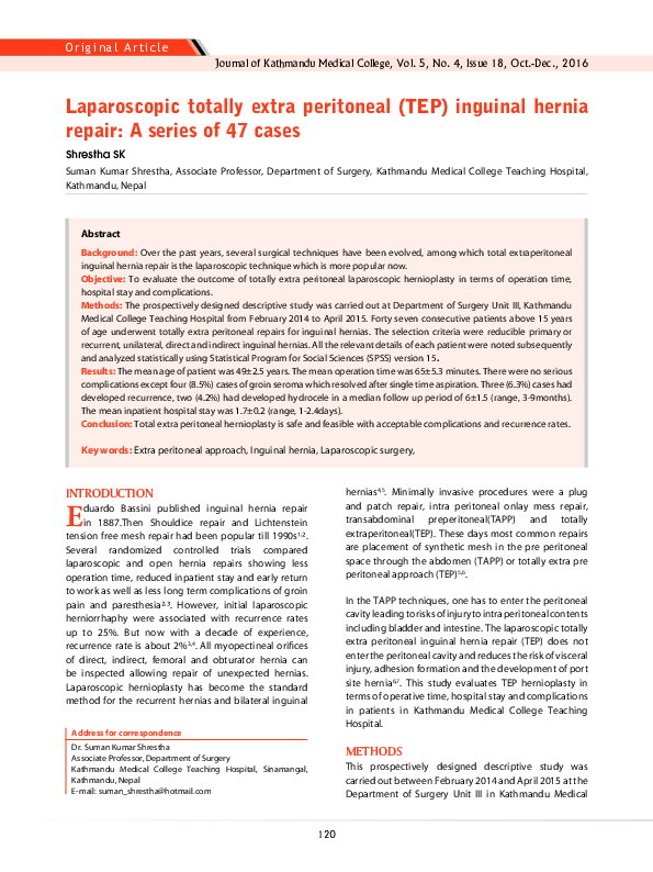 (PDF) Laparoscopic totally extra peritoneal (TEP) inguinal hernia repair: A series of 47 cases