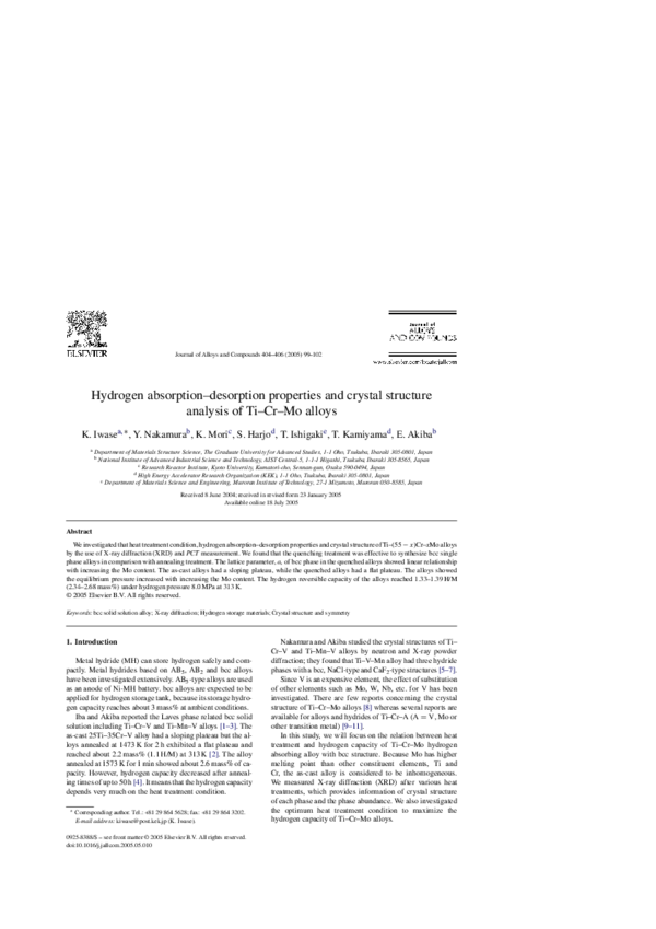 (PDF) Hydrogen absorption–desorption properties and crystal structure analysis of Ti–Cr–Mo alloys