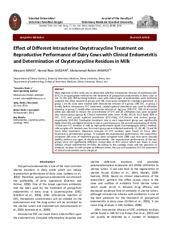 Pdf Effect Of Different Intrauterine Oxytetracycline Treatment On Reproductive Performance Of