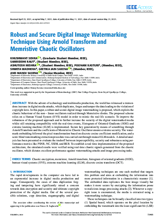 (PDF) Robust and Secure Digital Image Watermarking Technique Using Arnold Transform and ...