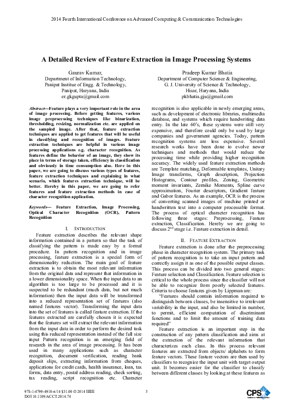 Pdf A Detailed Review Of Feature Extraction In Image Processing Systems