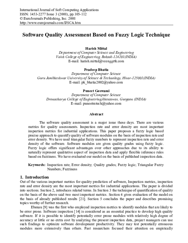 (PDF) Software Quality Assessment Based on Fuzzy Logic Technique