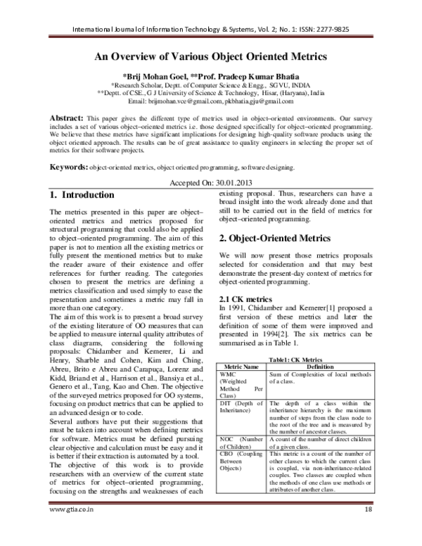 (PDF) An Overview of Various Object Oriented Metrics