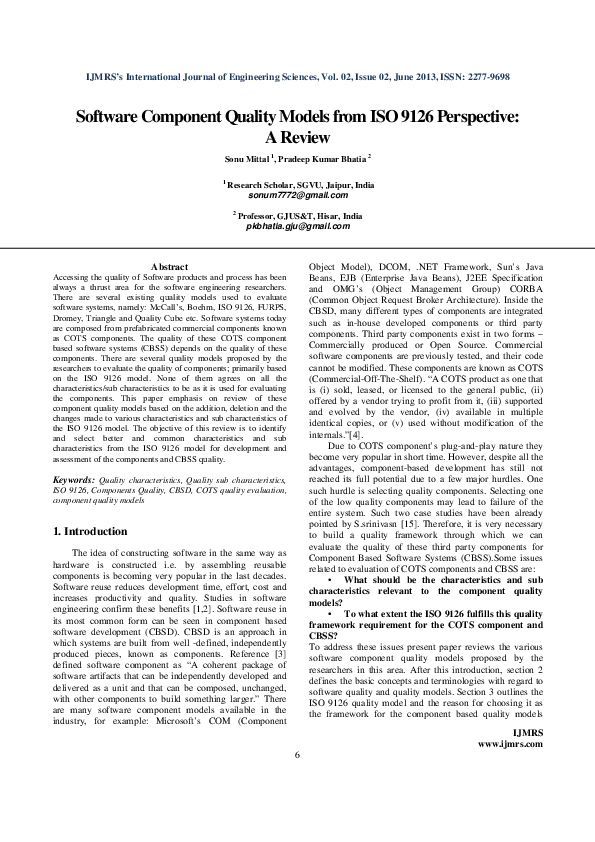 (PDF) Software Component Quality Models from ISO 9126 Perspective: A Review