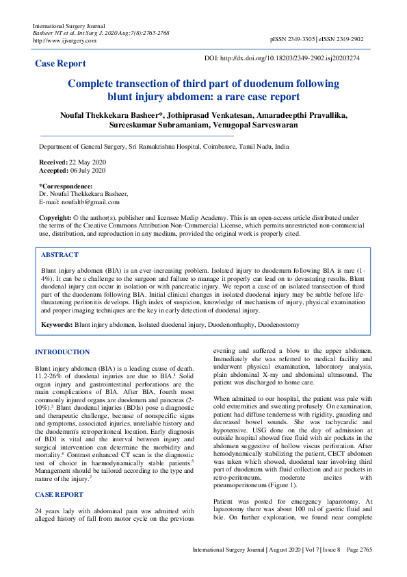 (PDF) Complete transection of third part of duodenum following blunt ...