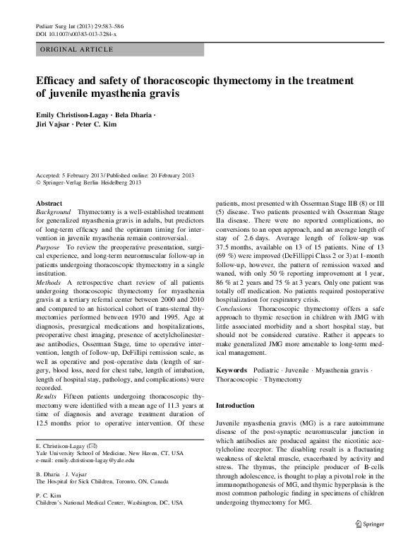 (PDF) Efficacy and safety of thoracoscopic thymectomy in the treatment ...