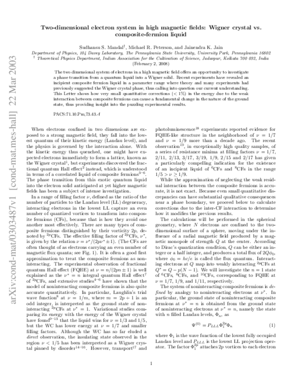 (PDF) Two-Dimensional Electron System in High Magnetic Fields: Wigner Crystal versus Composite ...