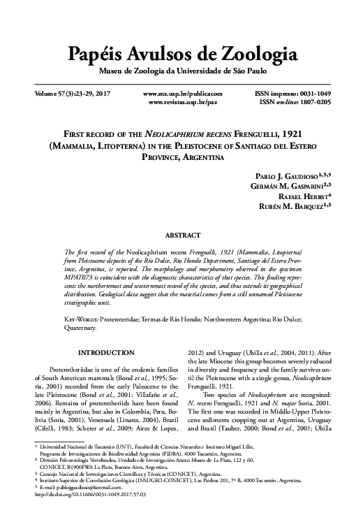 (PDF) First record of the Neolicaphrium recens Frenguelli, 1921 ...