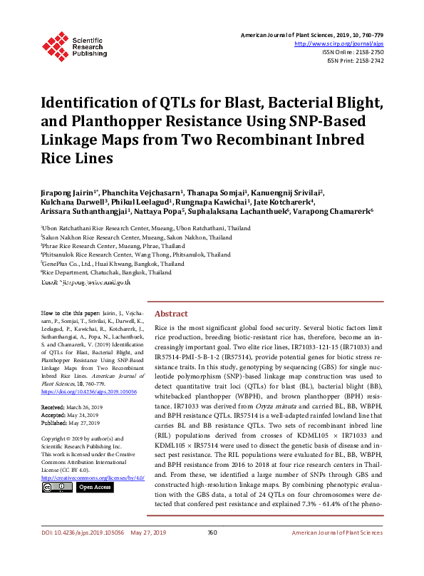 (PDF) Identification of QTLs for Blast, Bacterial Blight, and Planthopper Resistance Using SNP ...