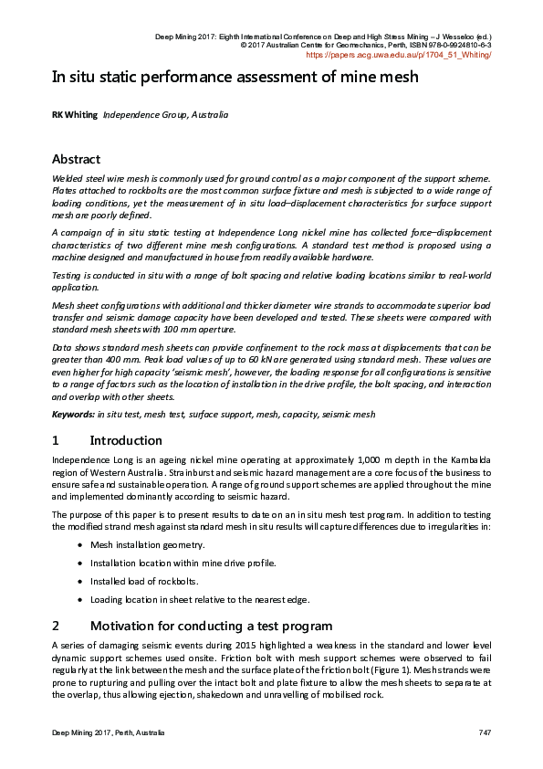 (PDF) In situ static performance assessment of mine mesh