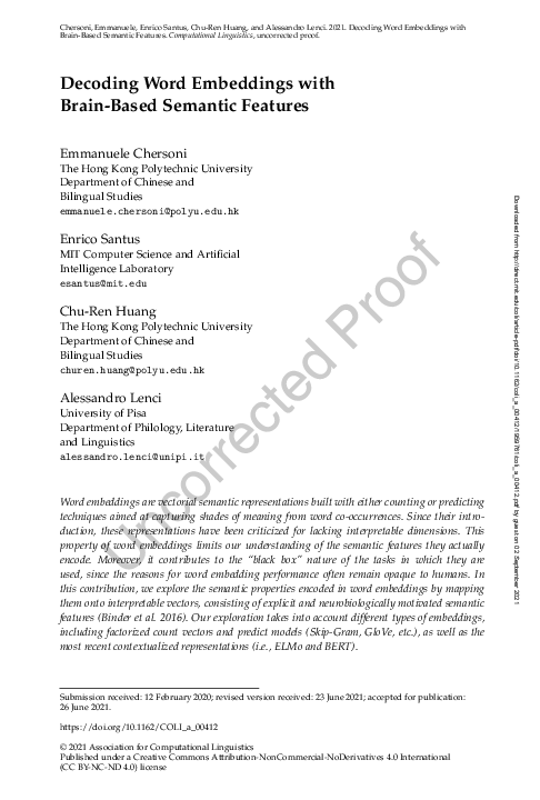 Pdf Decoding Word Embeddings With Brain Based Semantic Features