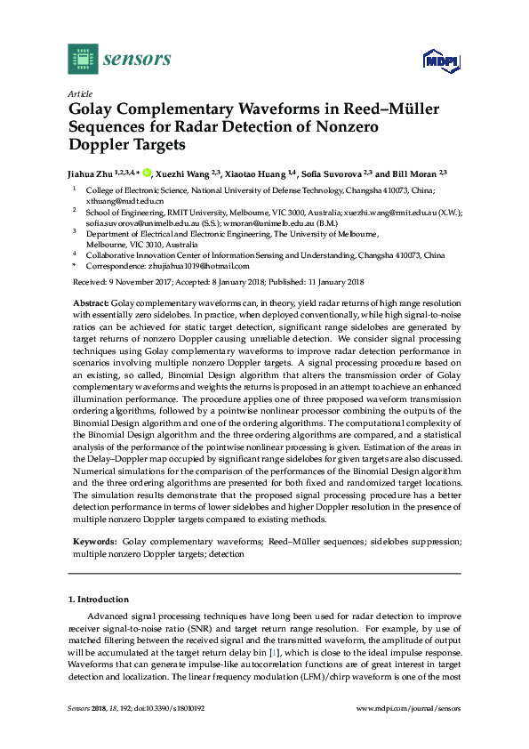 Pdf Golay Complementary Waveforms In Reed Müller Sequences For Radar Detection Of Nonzero