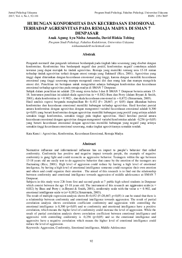 (PDF) Hubungan Konformitas Dan Kecerdasan Emosional Terhadap Agresivitas Pada Remaja Madya DI ...