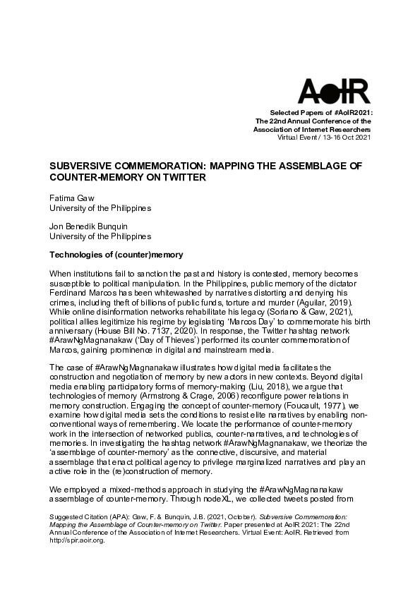 (PDF) Subversive Commemoration: Mapping the Assemblage of Counter-Memory on Twitter