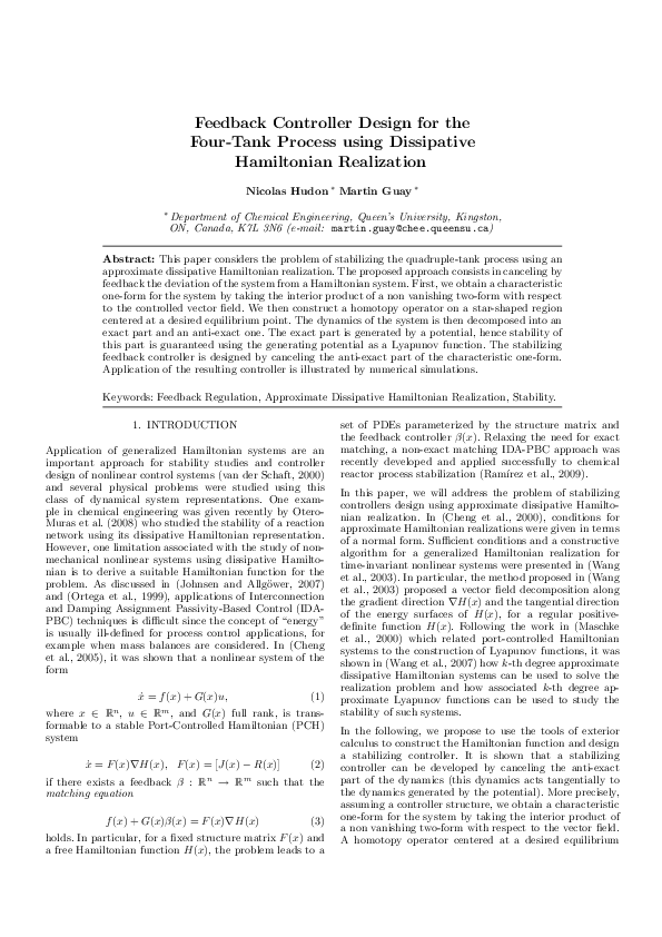 (PDF) Feedback controller design for the four-tank process using dissipative Hamiltonian realization