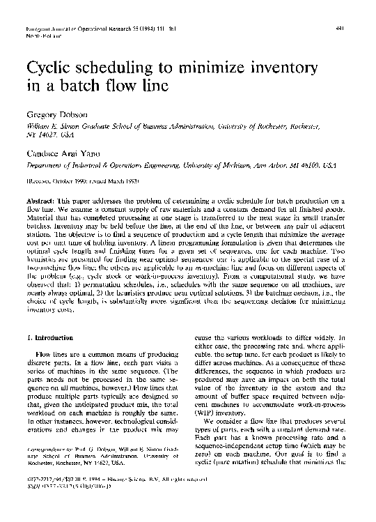 (PDF) Cyclic scheduling to minimize inventory in a batch flow line